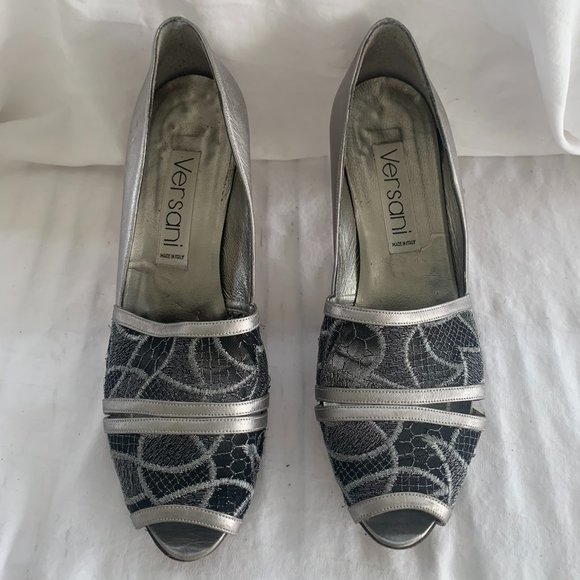 Versani | Shoes | Versani Heels Silver With Mesh Peep Toe Vintage Size ...